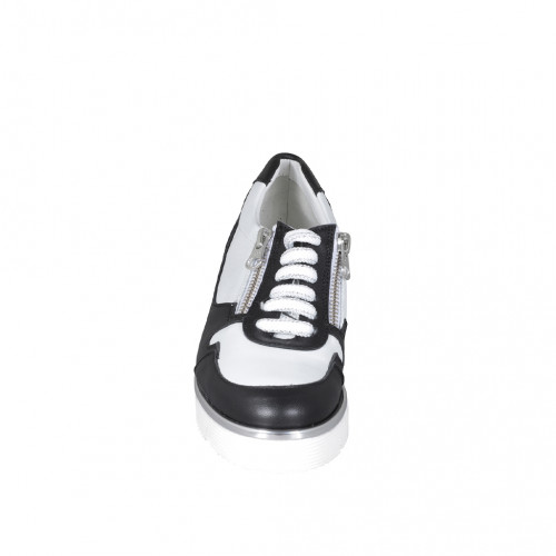 Scarpa stringata con cerniere da donna in pelle bianca e nera zeppa 3