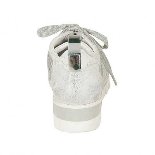 Scarpa stringata da donna in camoscio grigio e pelle laminata argento ...