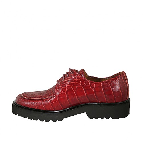 Woman's laced derby shoe in red printed leather heel 3