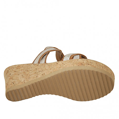 Mule pour femmes en daim cognac et daim imprimé lamé platine talon ...